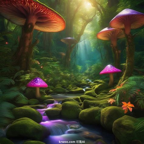 Ai 绘画奇幻艺术提示词：神秘的森林场景，装饰着发光的蘑菇和奇幻元素 可我 Ai