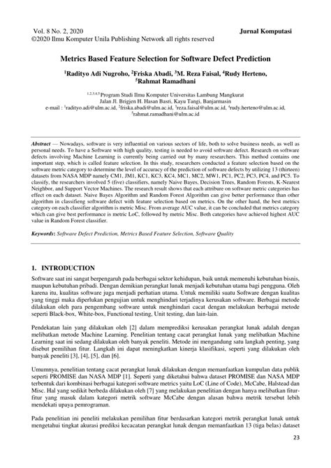 Pdf Metrics Based Feature Selection For Software Defect Prediction