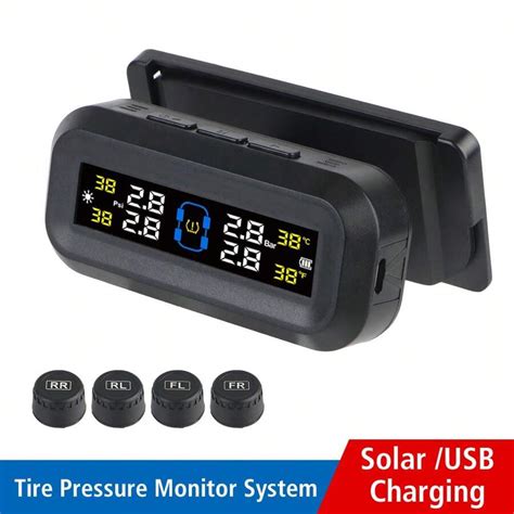 Solar Usb Powered Car Tpms Tire Pressure Monitoring System Auto Security Alarm Digital Lcd
