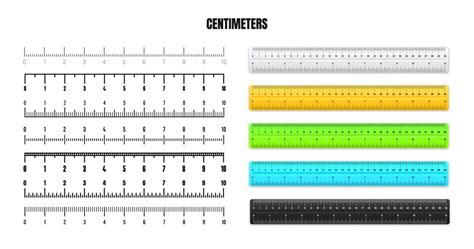 길이나 높이를 측정하기 위한 검은색 센티미터 눈금이 있는 현실적인 금속 눈금자 구분선이 있는 다양한 측정 눈금자 줄자 표시 크기 표시기 벡터 그림 프리미엄 벡터
