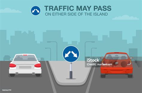 안전 운전 요령 및 교통 규제 규칙 교통은 섬의 양쪽이나 장애물을 통과할 수 있습니다 도시 고속도로의 교통 흐름의 뒷모습 개체