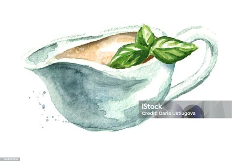 볘 샤 멜 소스와 바 질 잎 흰색 배경에 고립 수채화 손으로 그린 그림 소스에 대한 스톡 벡터 아트 및 기타 이미지 소스 수채화 그릇 Istock