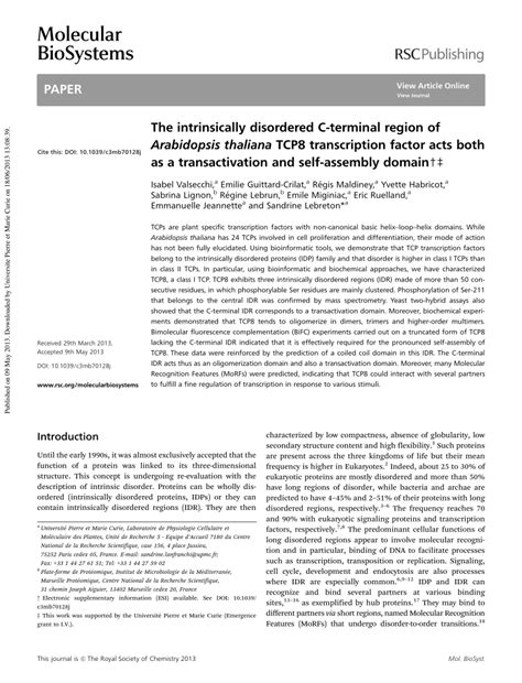 Pdf The Intrinsically Disordered C Terminal Region Of Arabidopsis