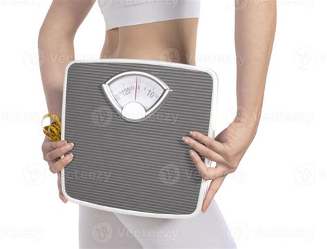 Female Model Holding Scale And Measuring Tape Over White Background 15974738 Stock Photo At Vecteezy
