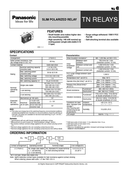 Tn2 L 6v Datasheet Slim Polarized Relay Panasonic