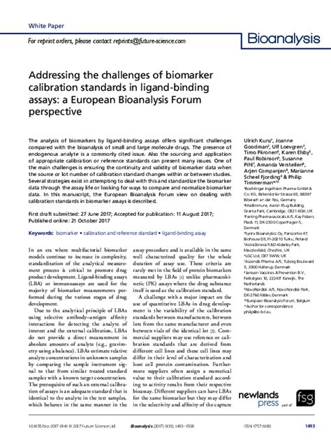 Pdf Addressing The Challenges Of Biomarker Calibration Standards In Ligand Binding Assays A