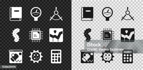 과학 책 게이지 스케일 드로잉 나침반 데이터 시각화 바이러스 계산기 및 프로세서 Cpu 아이콘을 설정합니다 벡터 0명에 대한