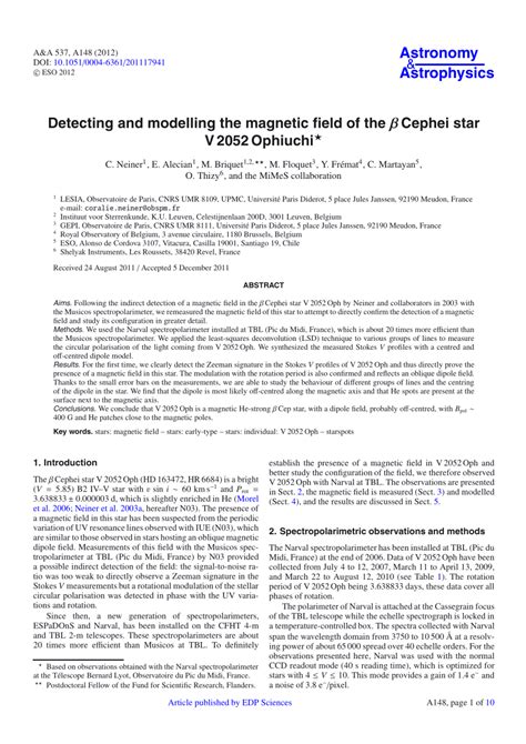 Pdf Detecting And Modelling The Magnetic Field Of The β Cephei Star V2052 Ophiuchi