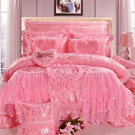 Satin Silk Embroidered Jacquard Pink Red Lace Wedding Bedding Sets
