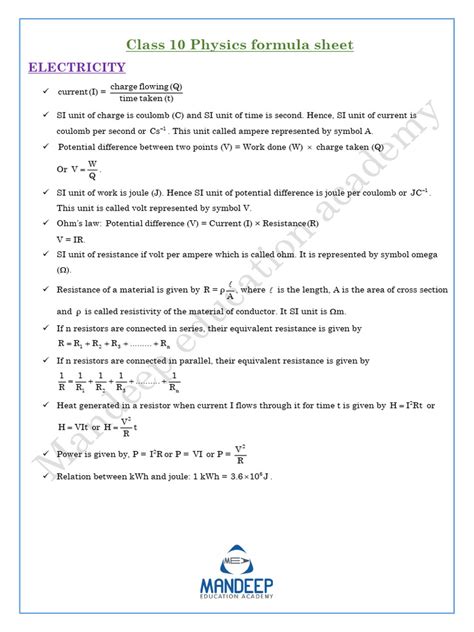 Class 10 Physics Formula Sheet Download Free Pdf Electrical Resistance And Conductance Volt
