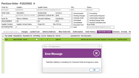 External Service Order Error Message Tax Liability Field Ifs