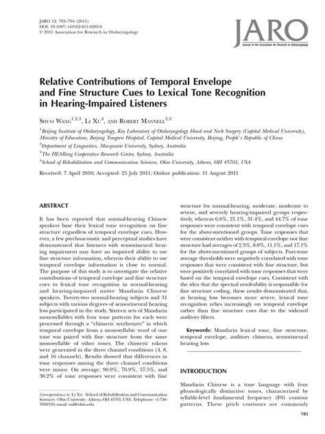 Pdf Relative Contributions Of Temporal Envelope And Fine Structure Cues To Lexical Tone