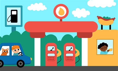 카페가 있는 주유소에 도착하는 고양이와 함께 차를 운전하는 소년이 있는 벡터 수평 장면 교통 그림입니다 귀여운 아이 스티어링