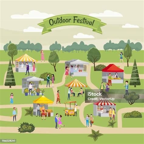 계절 야외 축제 박람회 음식 노점 키오스크 캐노피 차양 텐트 아이스크림 커피 핫도그 꽃 빵집 걷는 사람 남성과 여성이 공원에서 서로 이야기 하는 상품을 사고 파는 시장 플랫