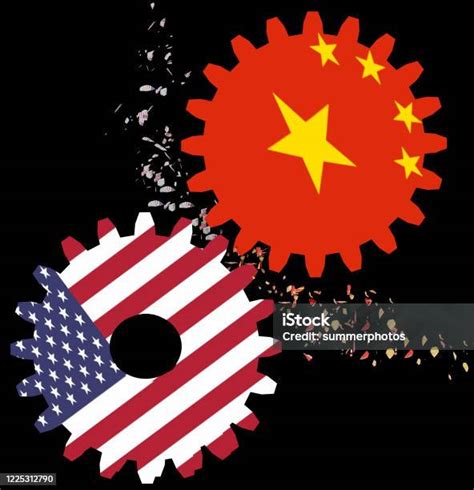 국기와 깨진 Piecies 검은 배경과 미국 중국 관계 무역 경제 준수 기어 3d 렌더링 3차원 형태에 대한 스톡 사진 및 기타 이미지 Istock