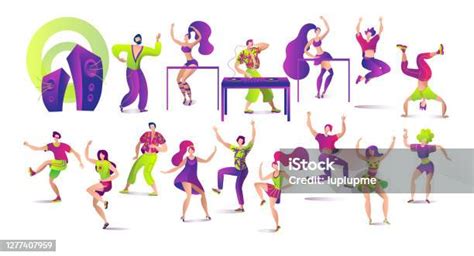 흰색 벡터 일러스트레이션에 고립된 춤추는 사람들의 집합 젊은 사람들 Dj와 춤 댄서 포즈 세트 재미와 행복 Dj에 대한 스톡 벡터 아트 및 기타 이미지 Istock