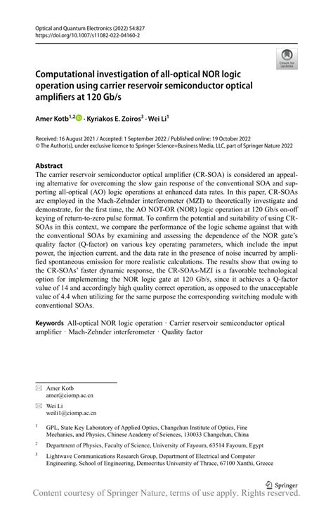 Computational Investigation Of All Optical Nor Logic Operation Using