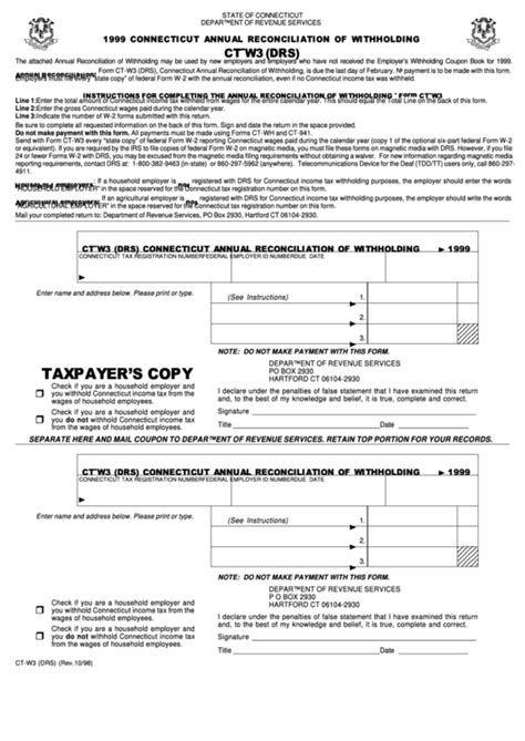 Form Ct W3 Drs Connecticut Annual Reconciliation Of Withholding 1999 Printable Pdf Download