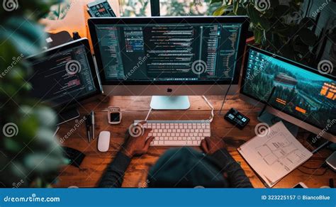 Software Developer Working On Code In Dual Monitor Setup Aig41 Stock Image Image Of Engineer
