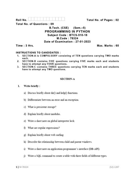 Btech Cse 5 Sem Programming In Python 78324 Jan 2023 Pdf Software