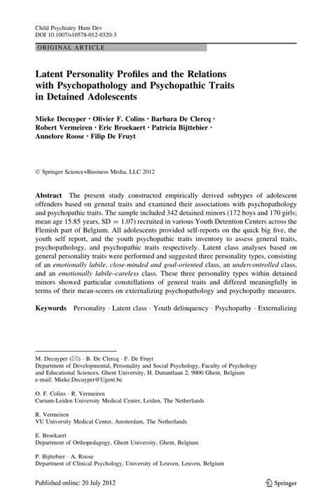 Pdf Latent Personality Profiles And The Relations With Psychopathology And Psychopathic Traits