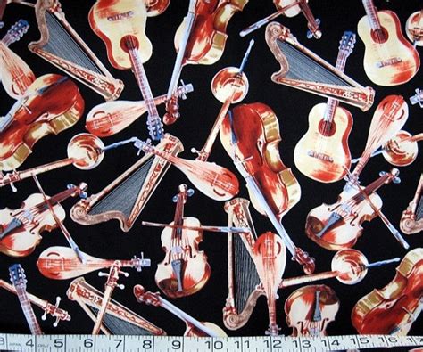 Music String Instruments Violin Violin Cello Guitar Harp On Black Quilt Fabric By The Half