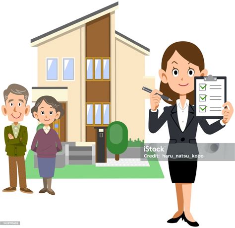 양복을 입은 여성과 노인 부부와 체크리스트를 보여주는 집 가리키기에 대한 스톡 벡터 아트 및 기타 이미지 가리키기 감정인