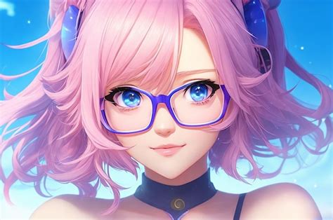 Premium Photo Cute Anime Girl Glasses Pink Blue Wallpaper