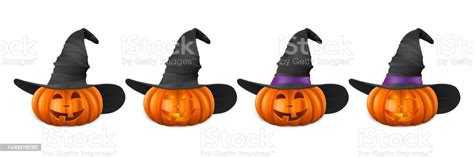 벡터 할로윈 호박 마녀 모자 세트 귀여운 잭 오 랜턴 초대장 카드 포장 포장 배너 디자인을위한 새겨진 호박 얼굴 3d 현실적인 호박 10월에 대한 스톡 벡터 아트 및 기타