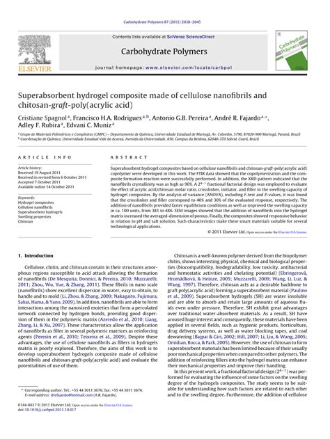 Pdf Superabsorbent Hydrogel Composite Made Of Cellulose Nanofibrils And Chitosan Graft Poly