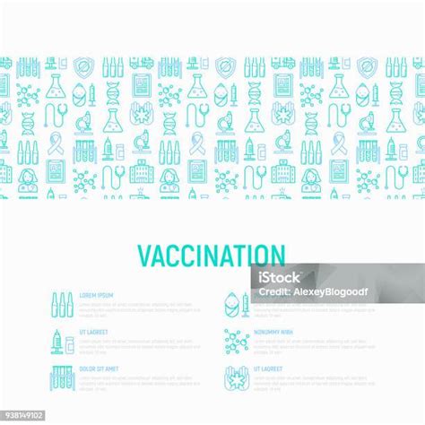 얇은 선 아이콘으로 예방 접종 개념 백신 주사기 앰 풀 유리병 현미경 바이러스 Dna 병원 구급차 배너 인쇄 매체 웹 페이지에