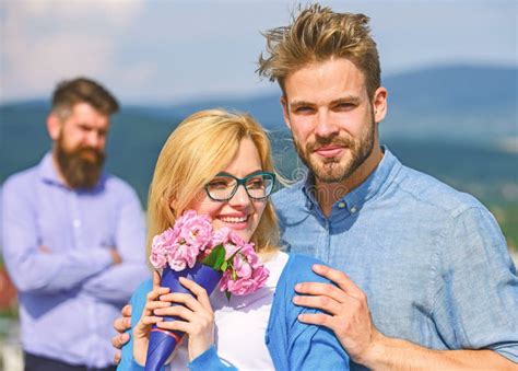 Couple In Love Dating While Jealous Bearded Man Watching Wife Cheating Him With Lover