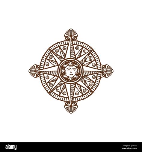 Wind Rose Navigation Symbol Isolated Compass With Sun In Middle Vector Topography Instrument