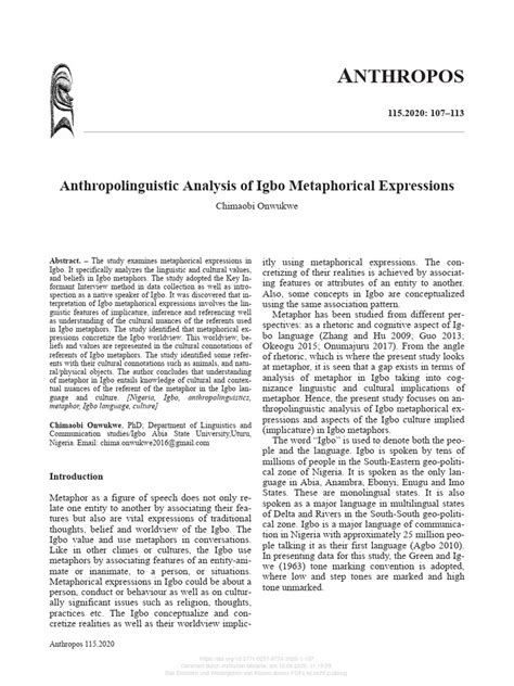 Anthropolinguistic Analysis Of Igbo Metaphorical Expressions Download Free Pdf Metaphor