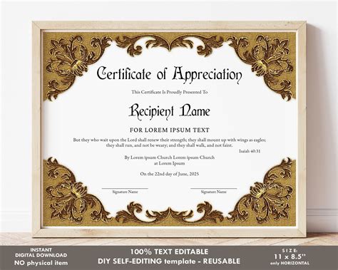 Editable Appreciation Certificate Template Printable Church Etsy