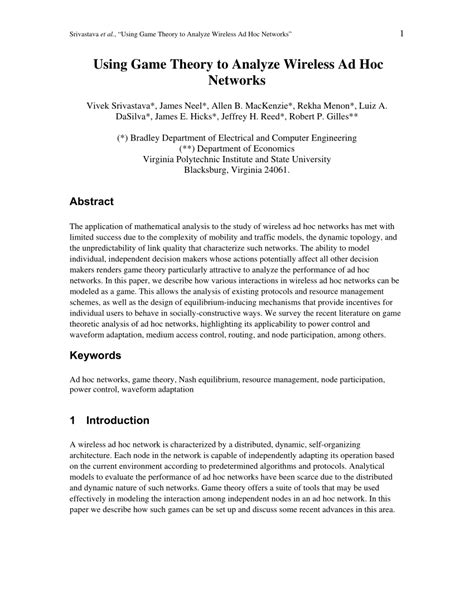 Pdf Using Game Theory To Analyze Wireless Ad Hoc Networks