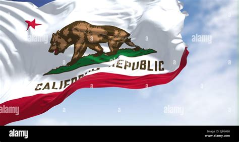 Close Up View Of The California Flag Waving California Is A Federated