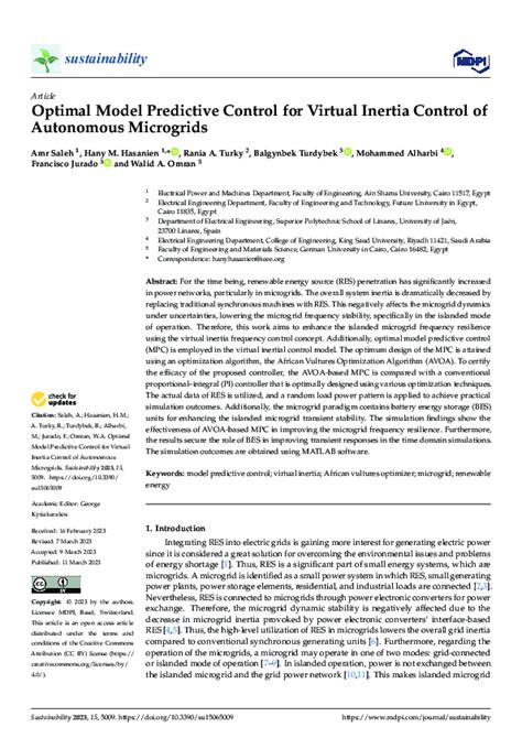Pdf Optimal Model Predictive Control For Virtual Inertia Control Of Autonomous Microgrids