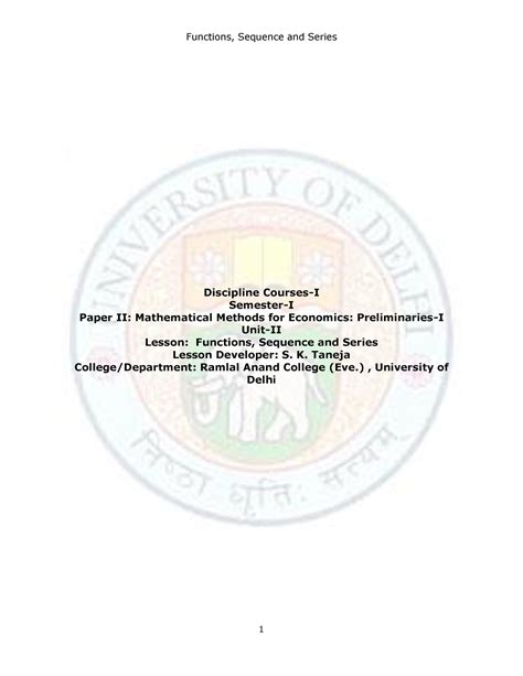 Functions Sequence And Series Discipline Courses I Semester I Paper