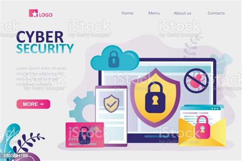 사이버 보안 방문 페이지 템플릿 인터넷 바이러스로부터 보호받는 사용자 계정 신용 카드 및 메일 해커 피싱 및 사기로부터 보호합니다 랜딩 페이지에 대한 스톡 벡터 아트 및