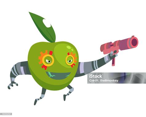 만화 슈퍼 히어로 로봇 캐릭터 녹색 사과 총 채식 슈퍼 파워 컨셉 요소 평면 디자인 스타일 벡터 일러스트 레이 션의 아이콘