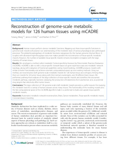 Pdf Reconstruction Of Genome Scale Metabolic Models For 126 Human Tissues Using Mcadre