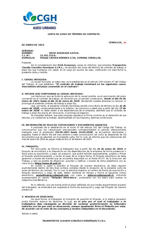 Carta De Aviso De Término De Contrato Erick Dusseaux Gatica Studocu