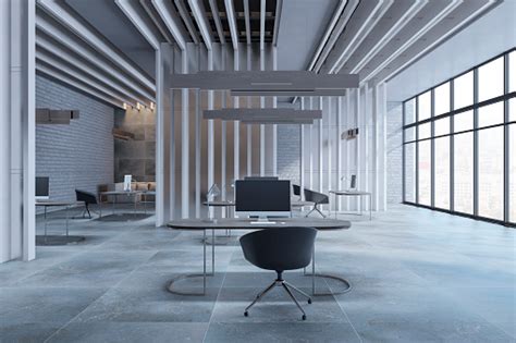 장비 일광 및 칸막이가 있는 현대적인 콘크리트 사무실 인테리어 3d 렌더링 0명에 대한 스톡 사진 및 기타 이미지 0명 3차원 형태 가구 Istock