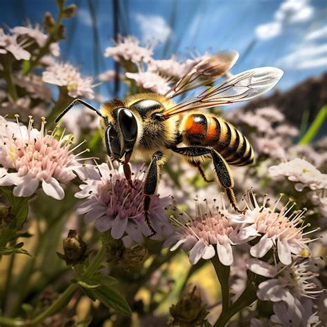 Natures Pollinator Striped Bee In Action Premium Ai Generated Image