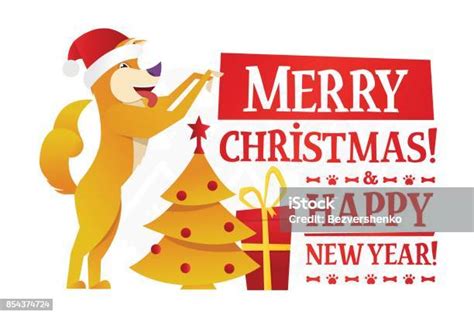 메리 크리스마스와 행복 한 새 해 엽서 템플릿 빨간 선물와 크리스마스 트리 흰색 바탕에 귀여운 노란 강아지와 개 만화 문자 벡터