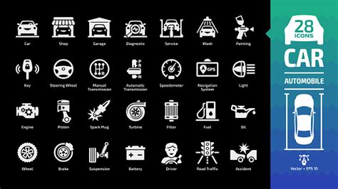 자동차 자동차 서비스 세 면 대 자동차 수리 스티어링 휠 수동 Gt 자동 변속기 및 더 많은 글리프 기호 기본 자동차 기호 검은 배경에 설정 차 아이콘 아이콘에 대한 스톡