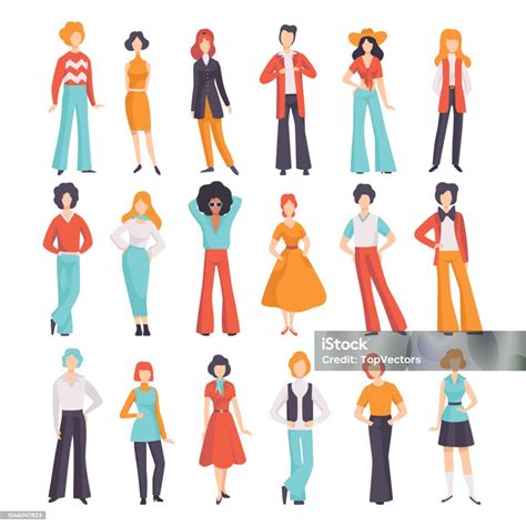 70년대 패션 스타일의 옷과 헤어스타일을 한 사람들 70년대 벡터 스타일의 트렌디한 옷을 입은 젊은 남녀 청년 성인에 대한 스톡 벡터 아트 및 기타 이미지 Istock