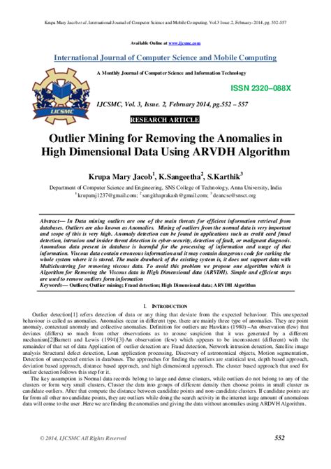 Pdf Outlier Mining For Removing The Anomalies In High Dimensional Data Using Arvdh Algorithm﻿
