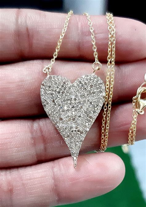Pave Diamond Heart Pendant Necklace 14k Gold Plated Sterling Silver Etsy